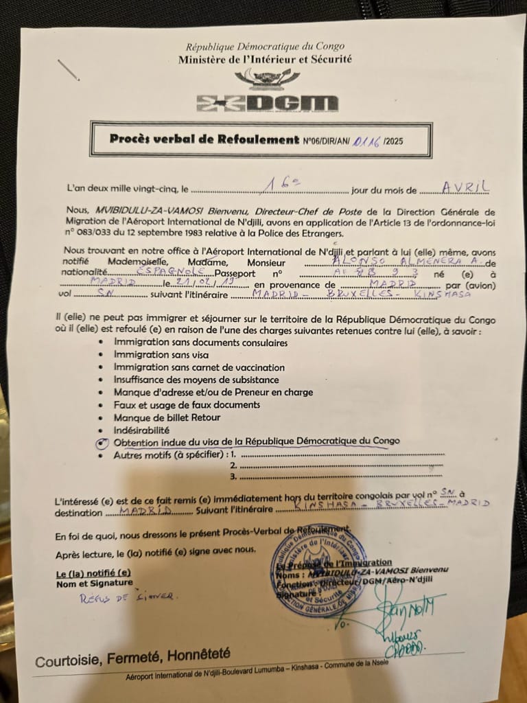 Congo visa (DRC) and tourist deportations by DGM